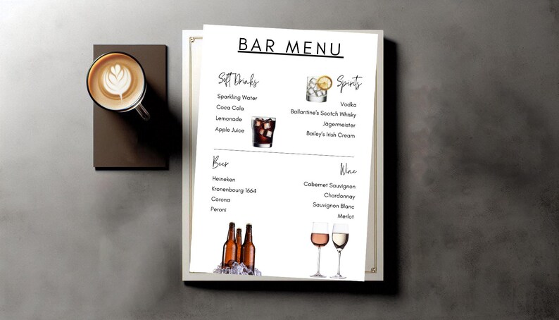 Printable Bar Menu Restaurant Café Wedding Editable Drink Menu Template ...