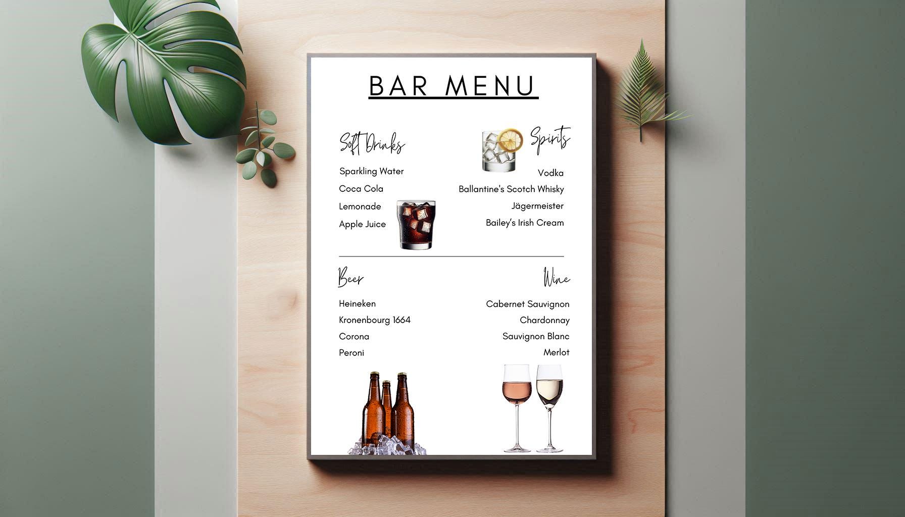 Printable Bar Menu Restaurant Café Wedding Editable Drink Menu Template ...