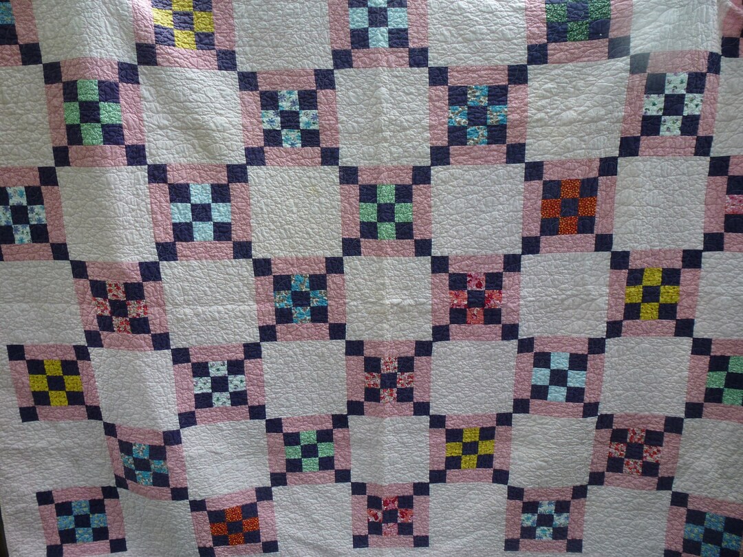 Vintage Nine Patch Quilt With Picture Frame Border Pink Feed - Etsy