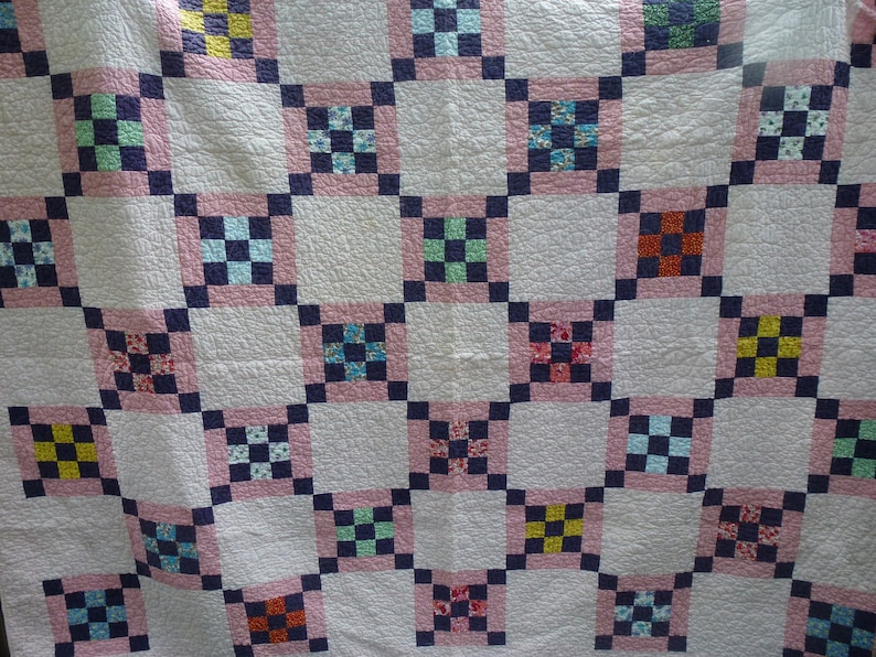 Vintage Nine Patch Quilt With Picture Frame Border Pink Feed - Etsy