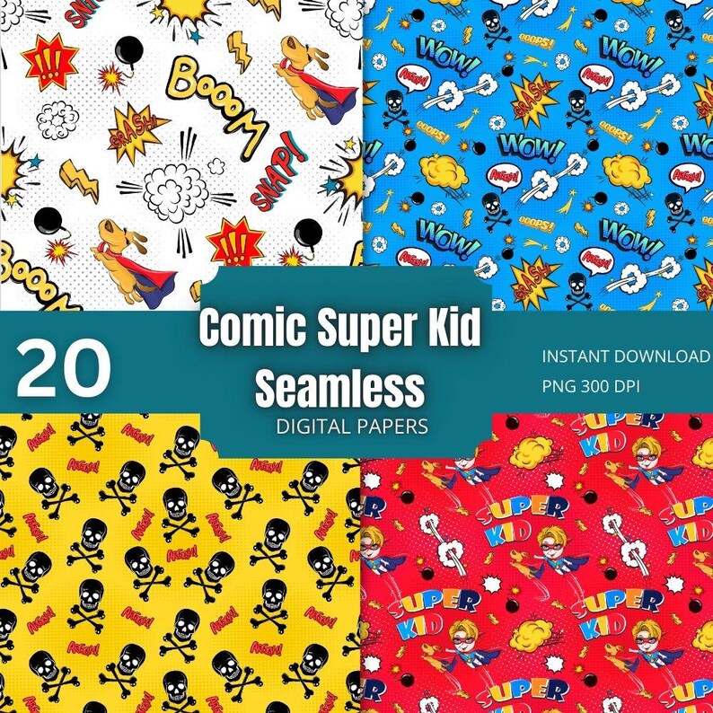20 Super Kid Comic Digital Papers | Seamless Superhero Patterns ...