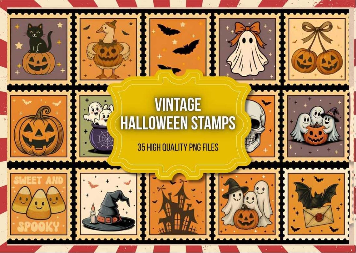 Vintage Halloween Stamps PNG | Spooky Cute Postage Clipart | Quirky ...
