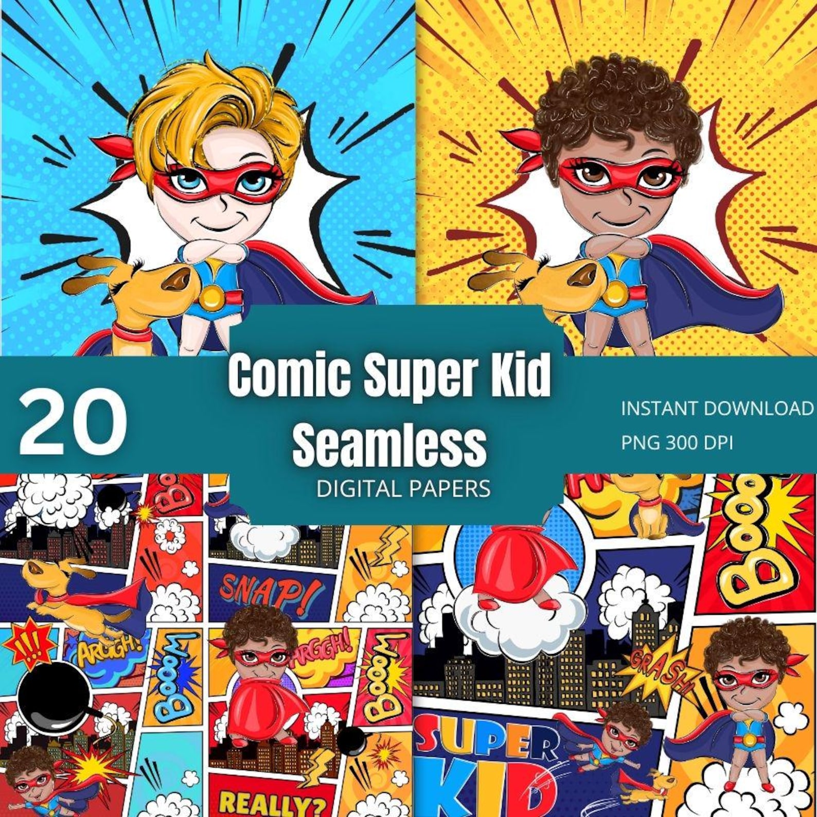 20 Super Kid Comic Digital Papers | Seamless Superhero Patterns ...
