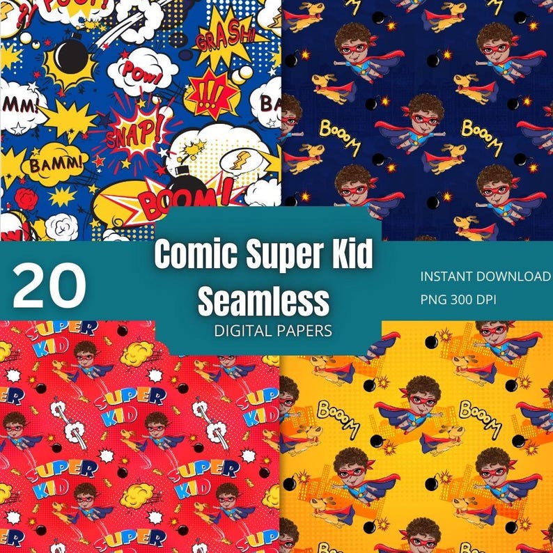 20 Super Kid Comic Digital Papers | Seamless Superhero Patterns ...