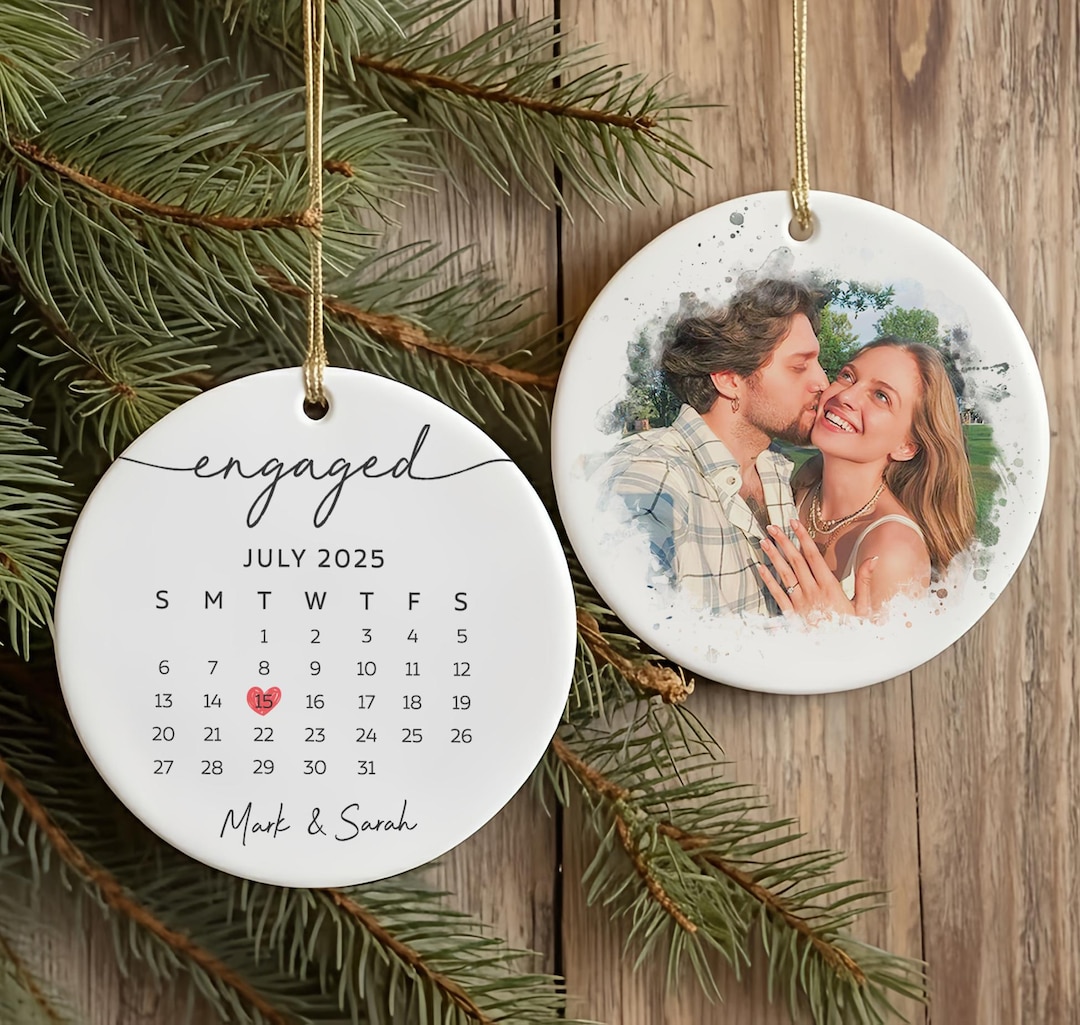 Personalized Engaged Calendar Ornament, Custom Couple Watercolor Photo ...
