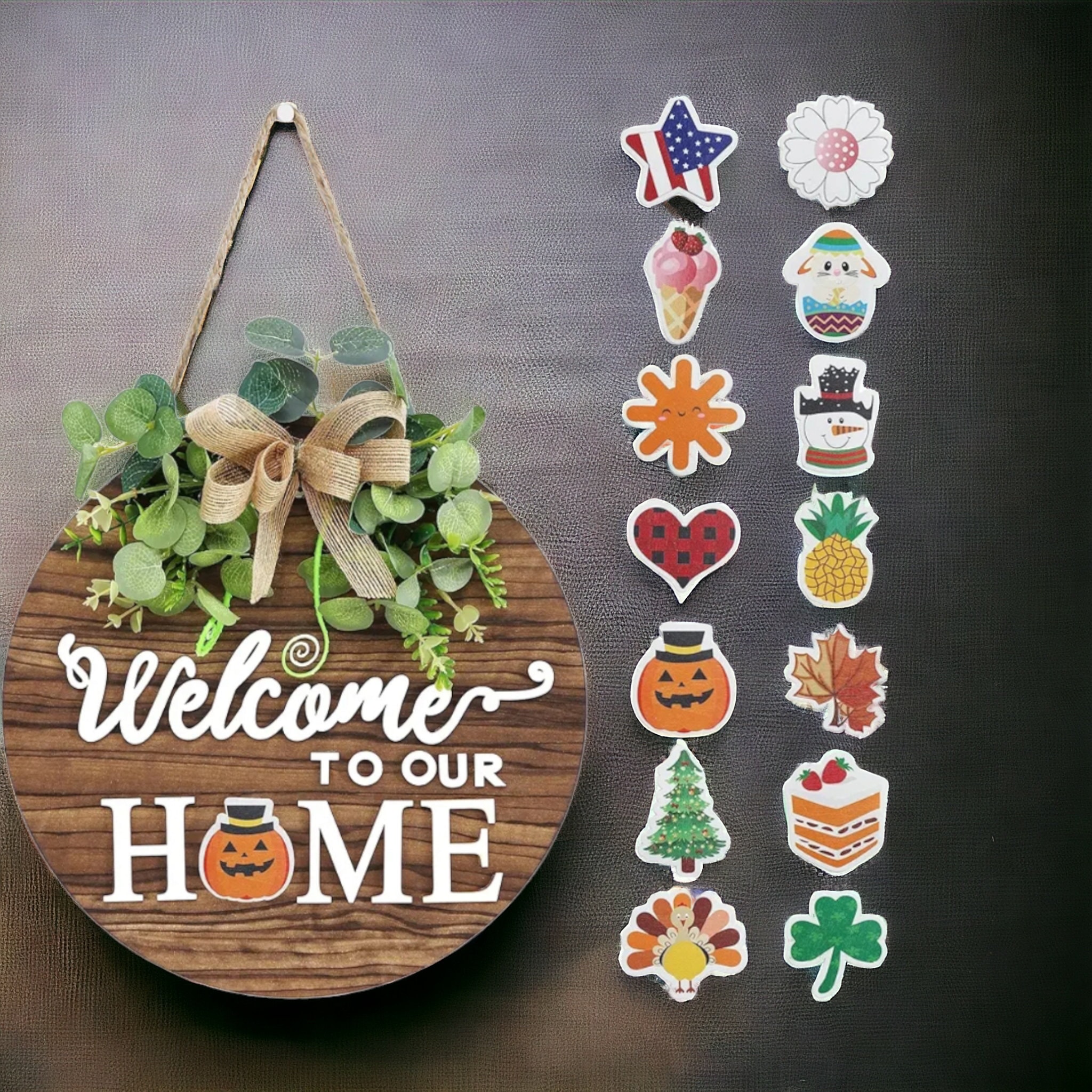 Interchangeable Seasonal Welcome Sign Rustic Round Wood Wreath for ...
