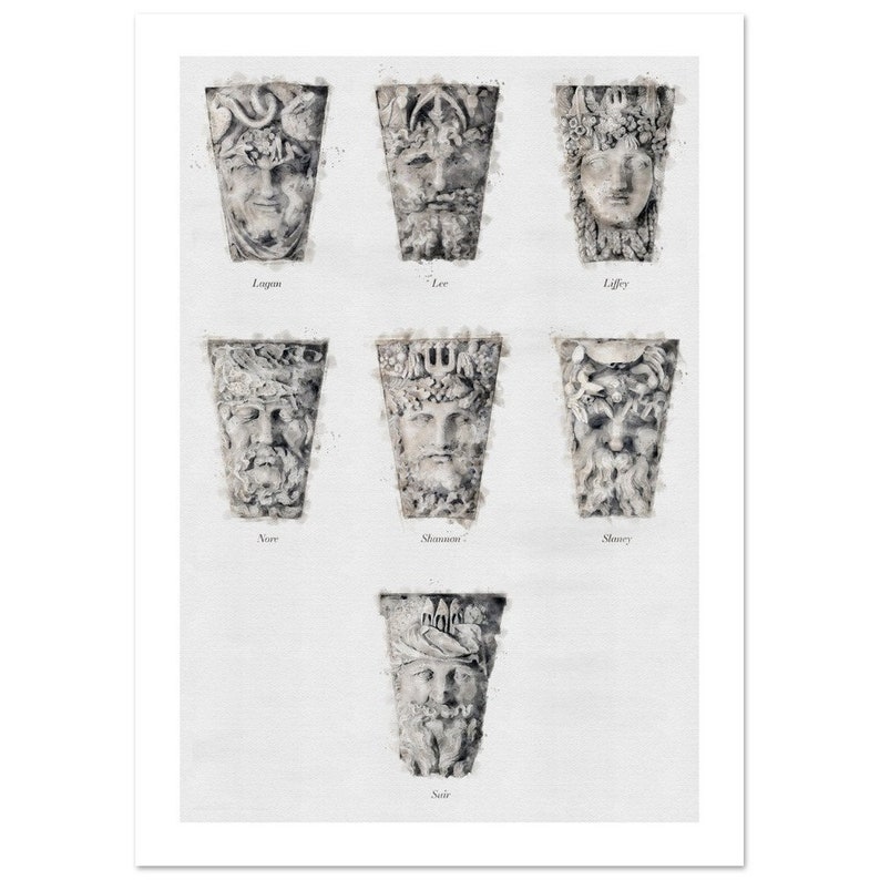 Group of Seven River God Heads Watercolour Print, Architecture Artwork ...