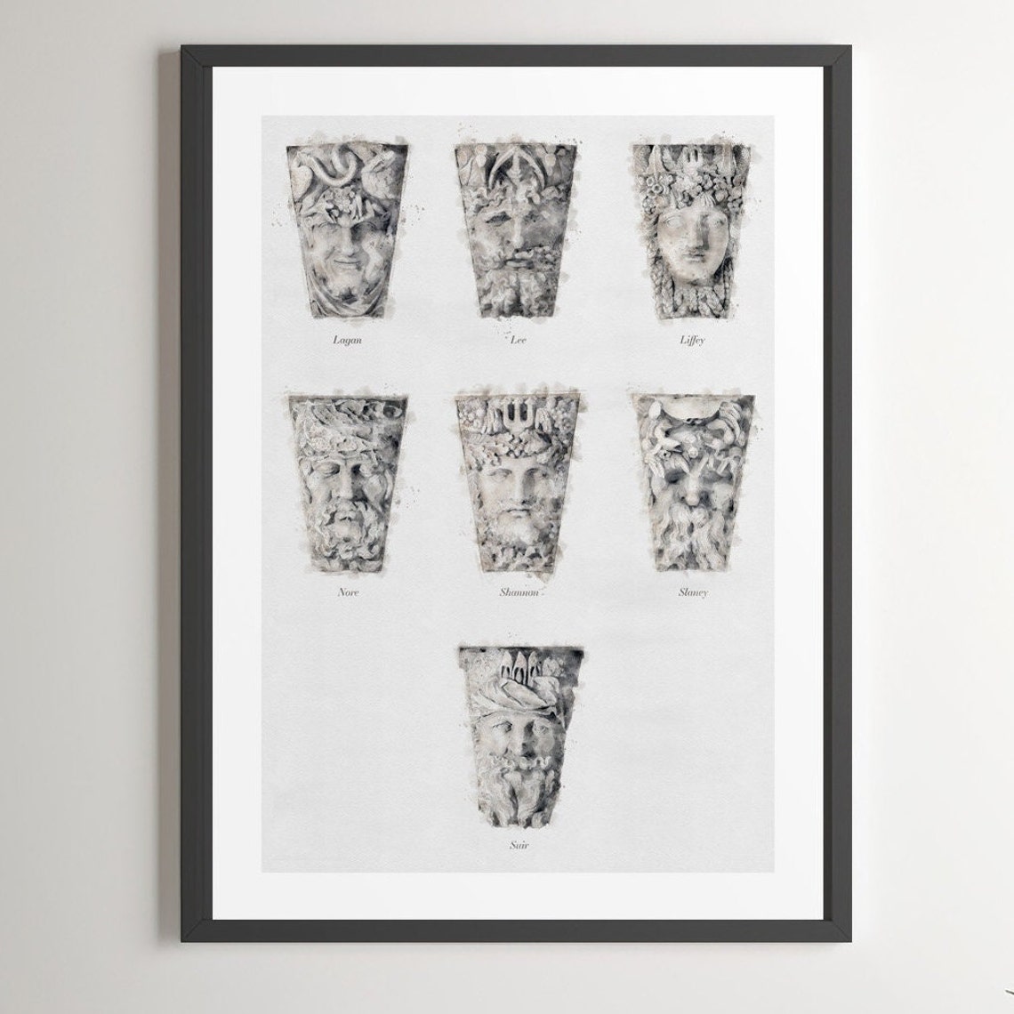 River God Heads Watercolor Print, Dublin Architecture Artwork - Etsy