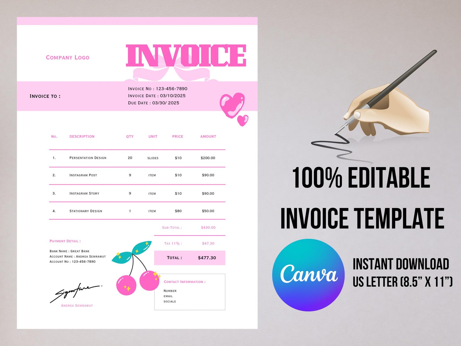 Editable Invoice Template, Pink Invoice Template for Small Business ...