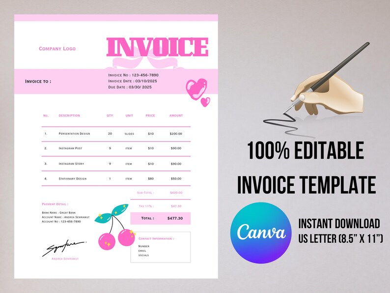 Editable Invoice Template, Pink Invoice Template for Small Business ...