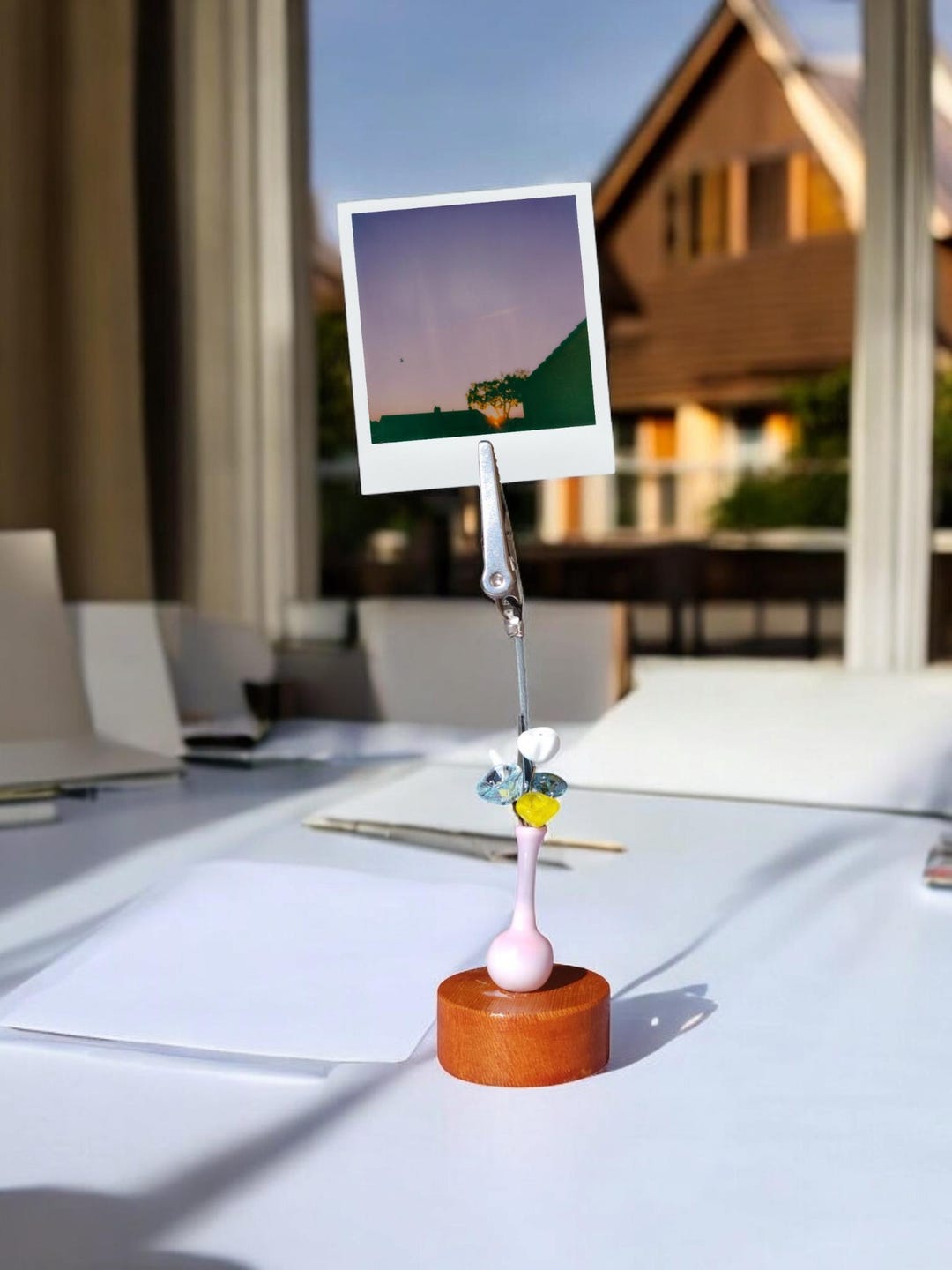 Pink Vase and Flowers Photo Stand - Memo Clip - Note Holder | Wood ...