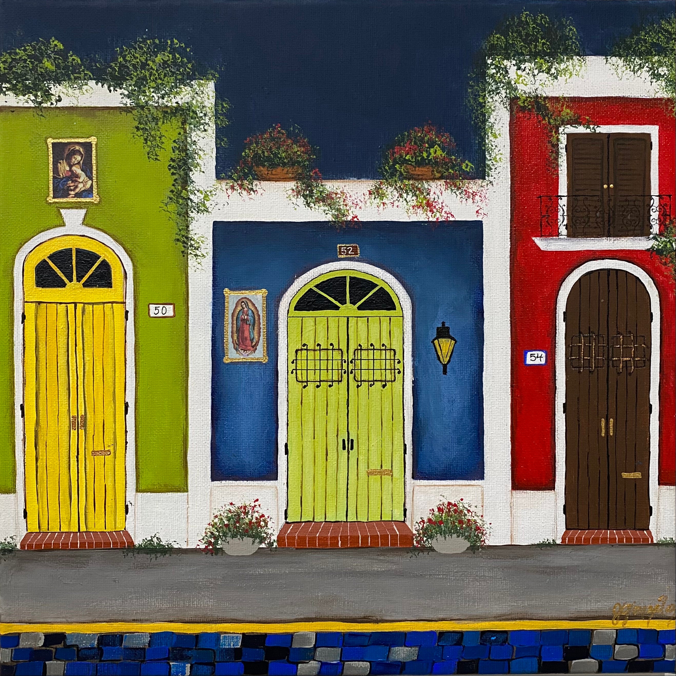 Old San Juan Painting and Art With Three Colorful Houses and Beautiful ...