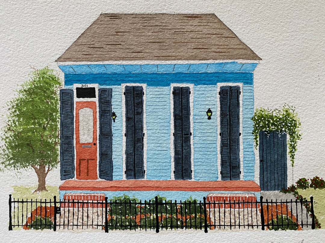 New Orleans Creole House Watercolor Painting With Pretty Black Iron ...