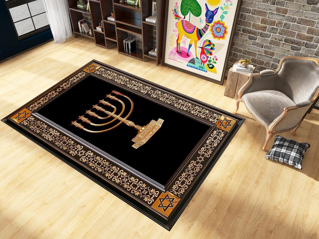 Jewish Star of David Carpet: Gold Menorah Rug, Judaic Elegant Prayer ...