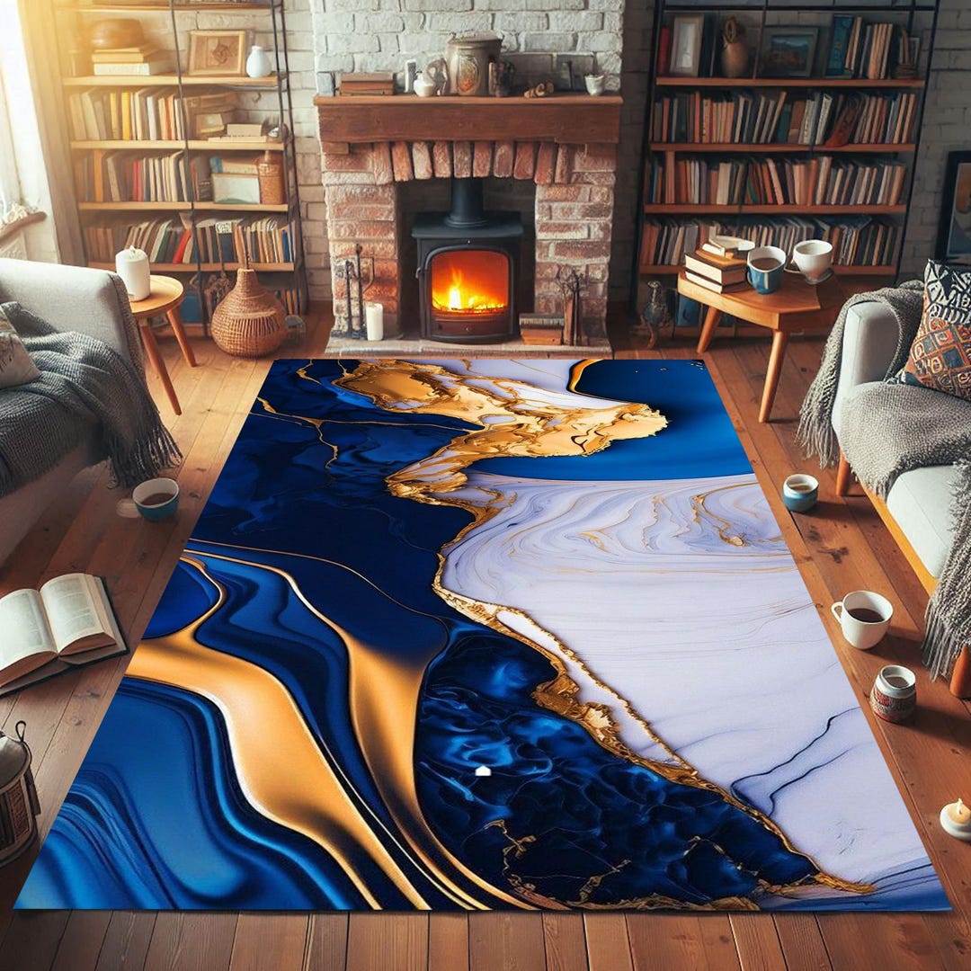 Blue and Gold Marble Rug, Marble Decor, Marble Rug, Marble Design Rug ...