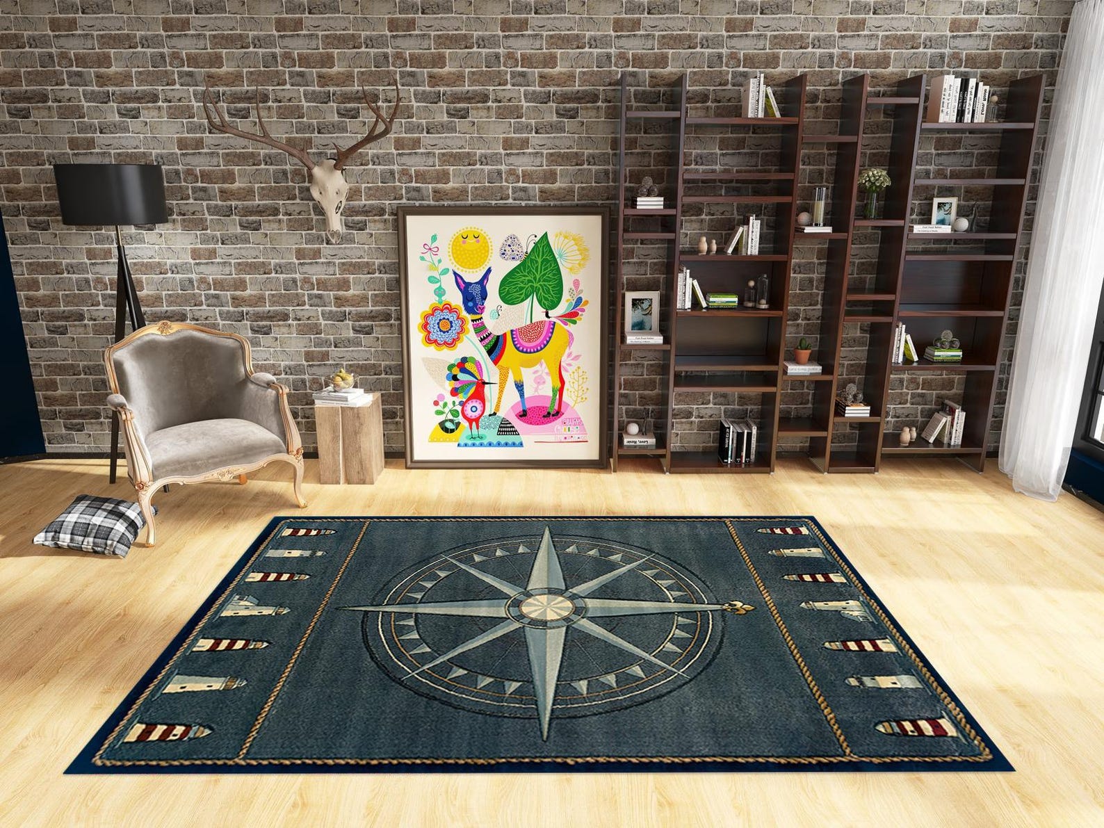 Lighthouse Nautical Rug, Compass Rug, Nautical Home Decor, Compass ...