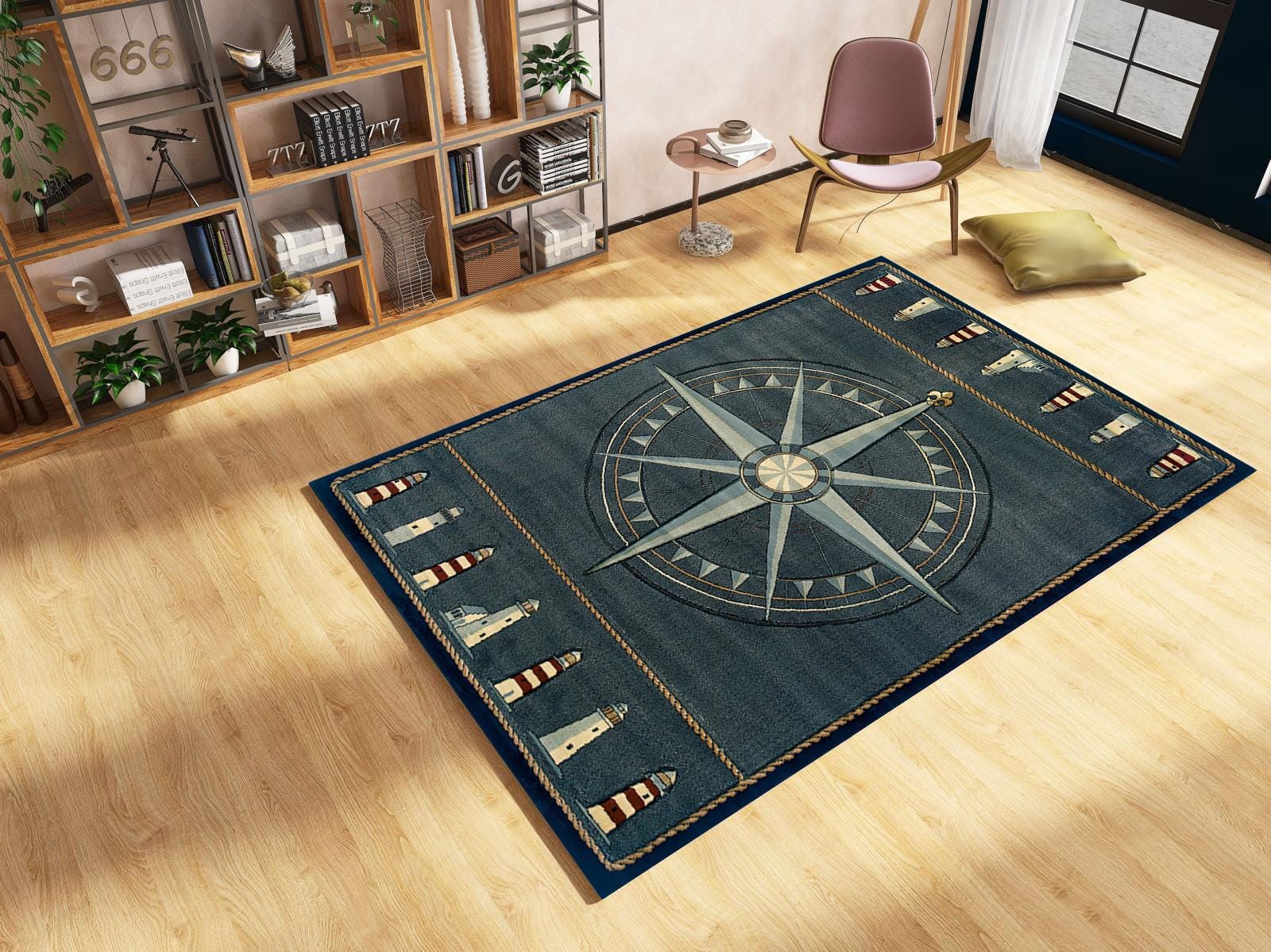 Lighthouse Nautical Rug, Compass Rug, Nautical Home Decor, Compass ...