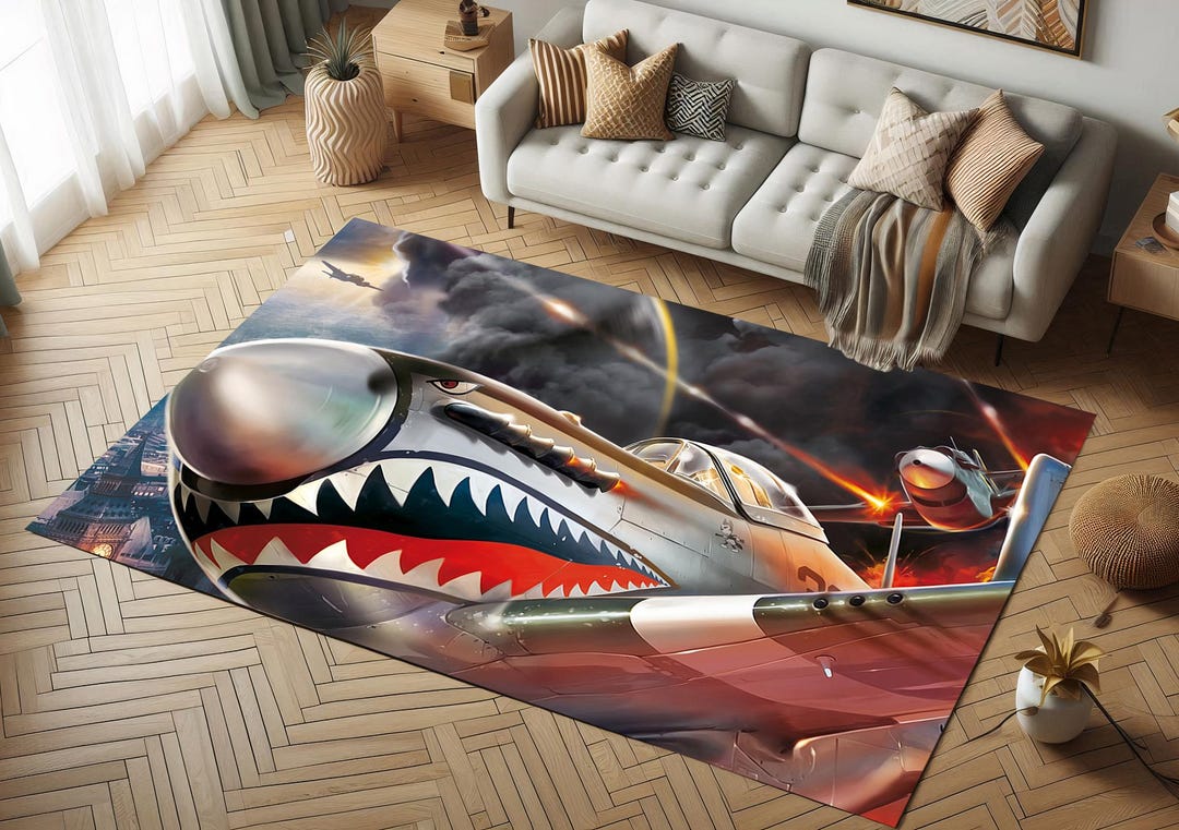 Shark Rug, War Plane Rug, Fighter Aircraft Rug, Aviation Rug, Shark ...
