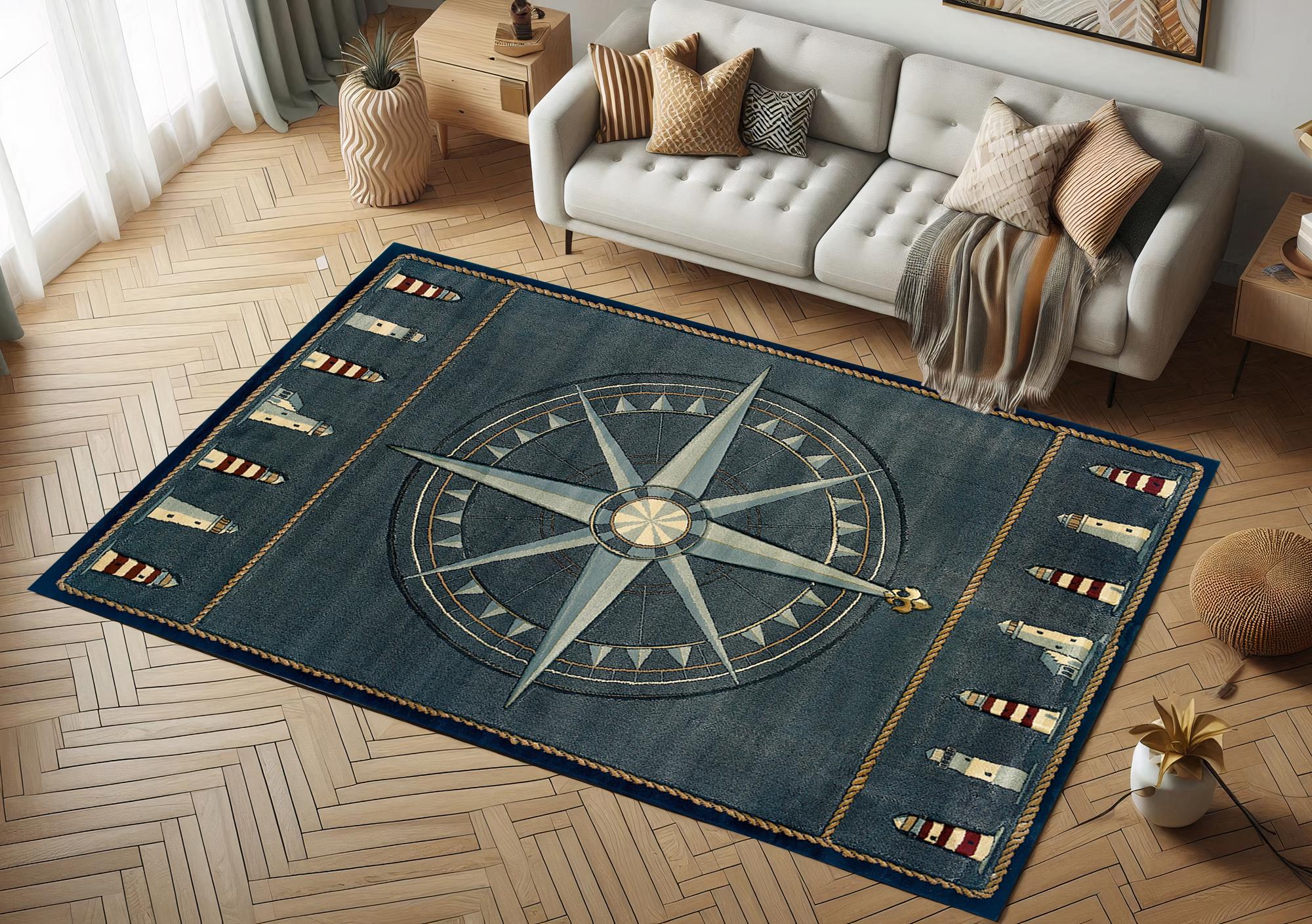 Lighthouse Nautical Rug, Compass Rug, Nautical Home Decor, Compass ...