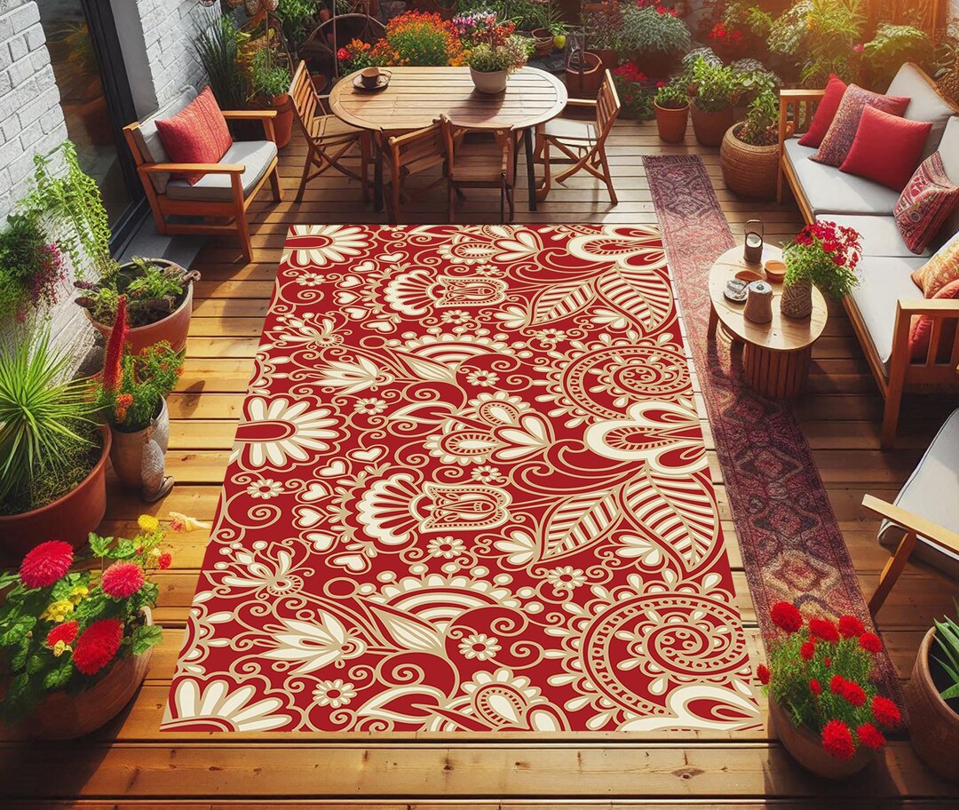 Non-slip Outdoor Rug: Red & Beige Terrace Garden Decor - Etsy