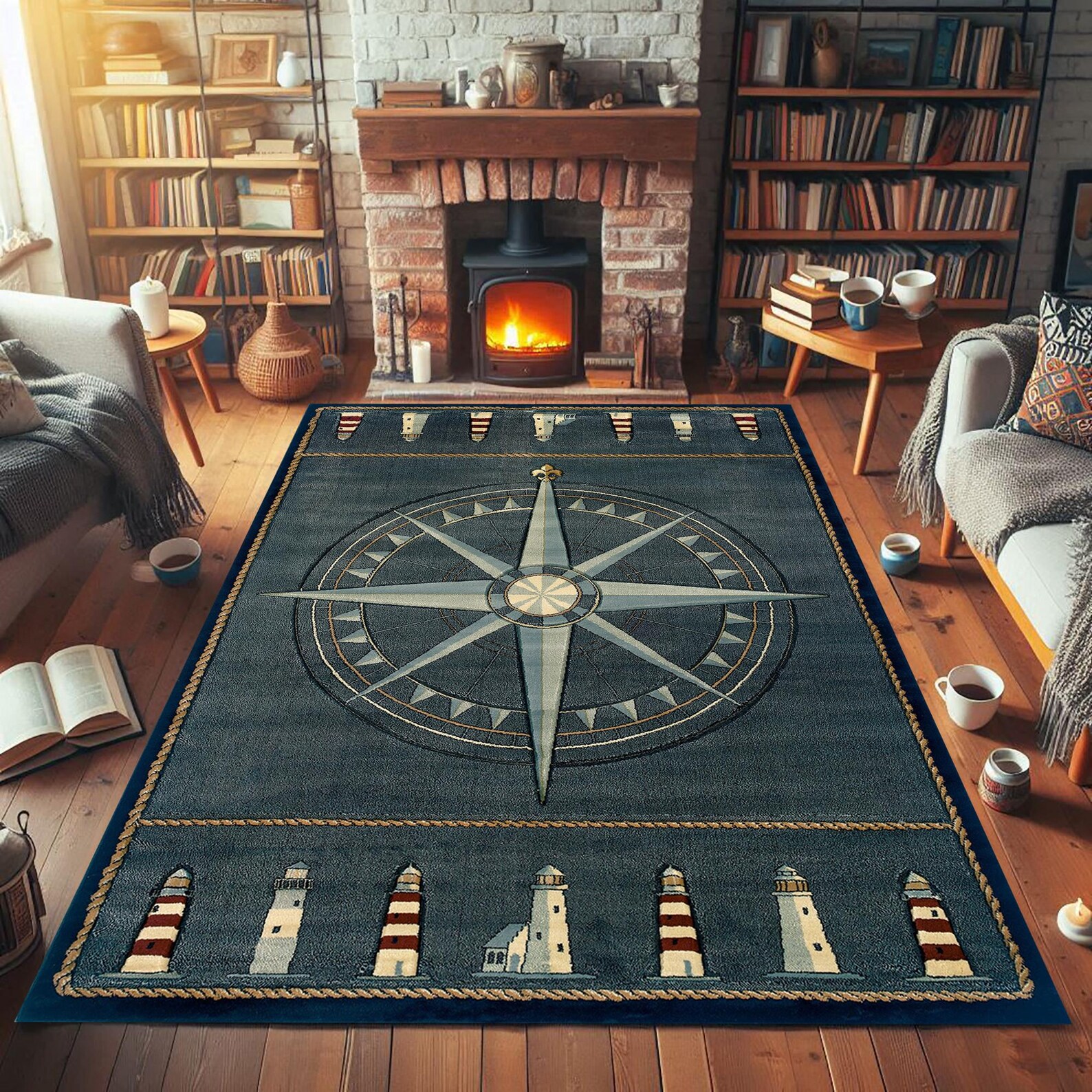 Lighthouse Nautical Rug, Compass Rug, Nautical Home Decor, Compass ...