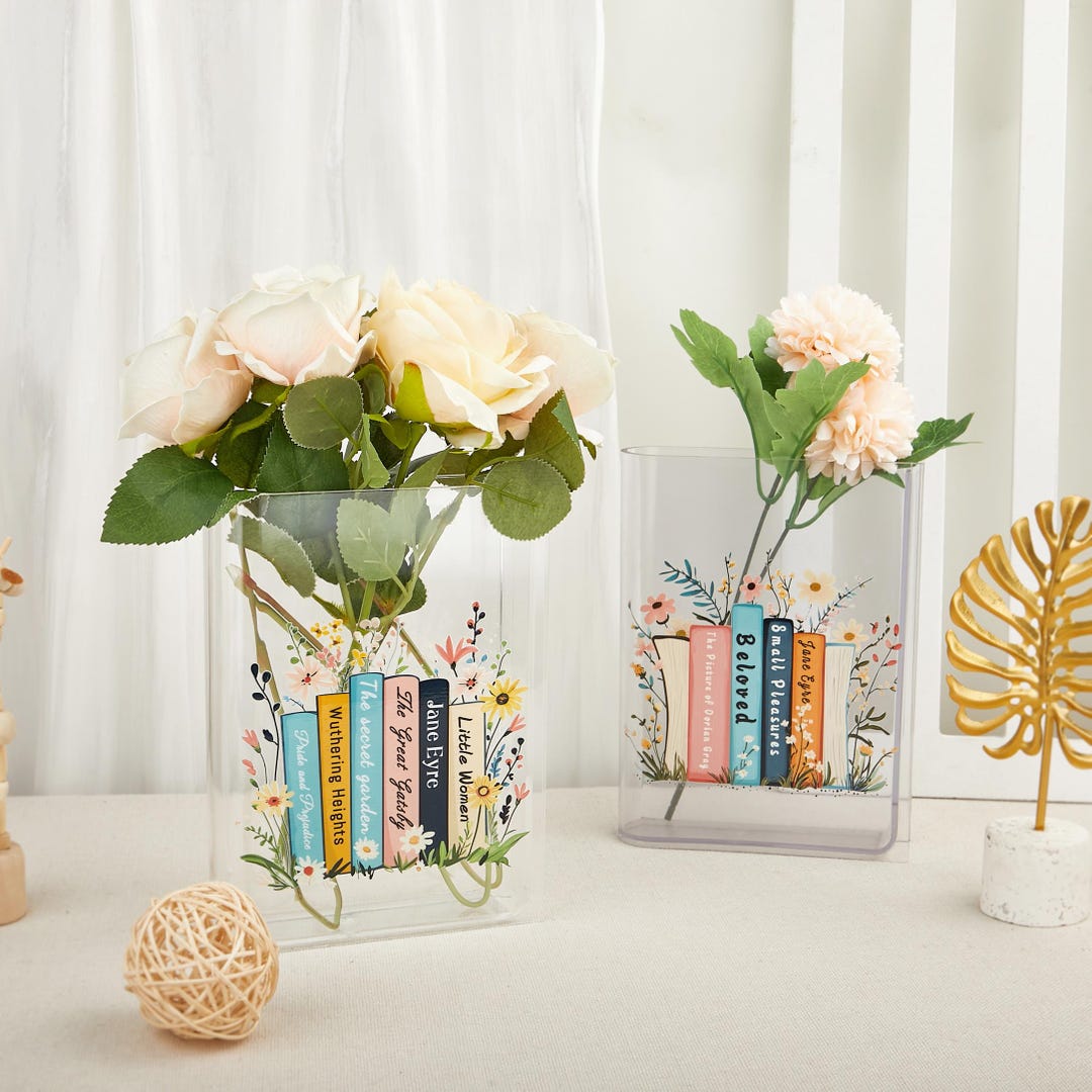 Personalized Acrylic Book Vase, Floral Bookshelf Decor, Gift for Book ...