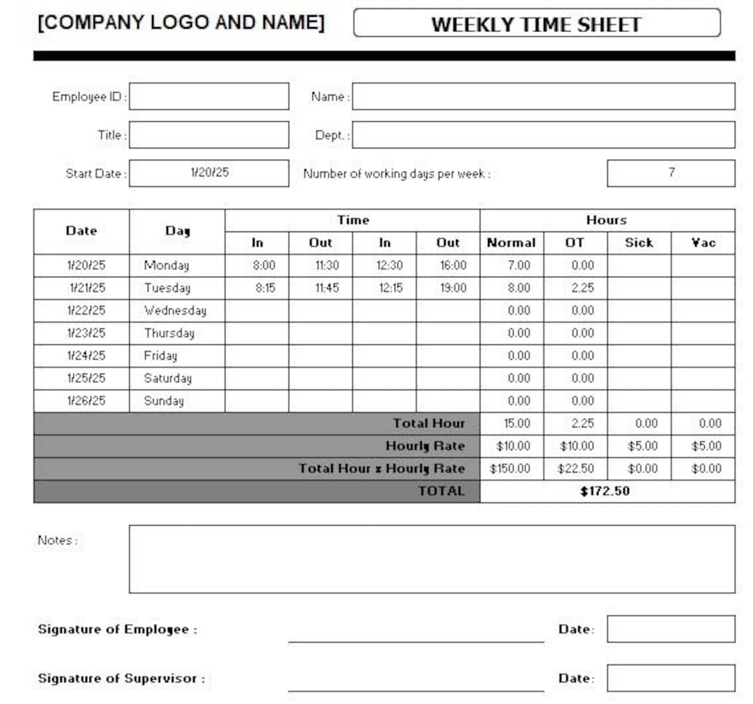 Employee Timesheet Template - Etsy
