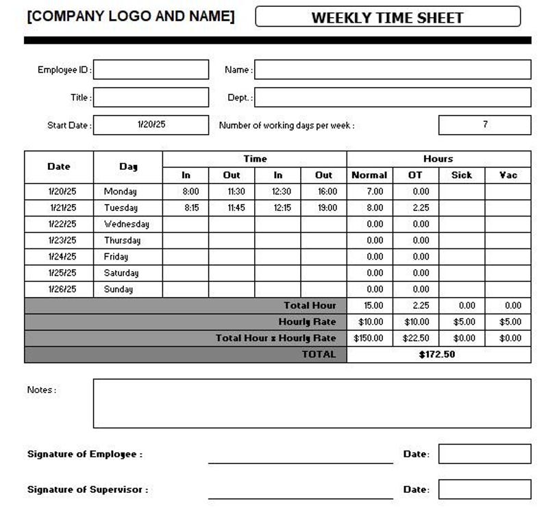 Employee Timesheet Template - Etsy