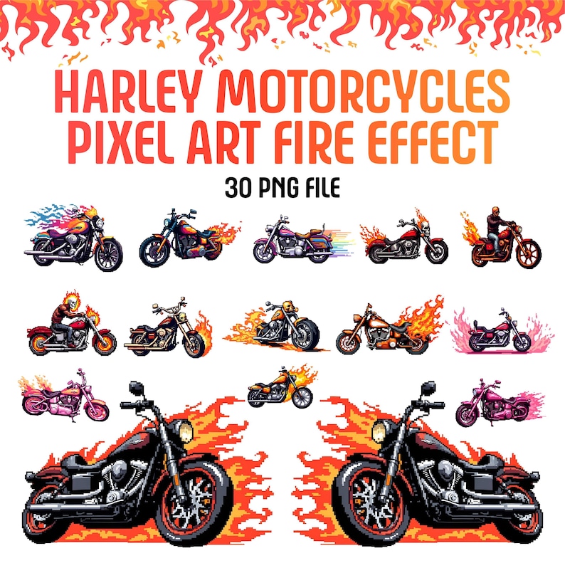 Harley Motorcycles Pixel Art: Fire Effect PNG Clipart (30 Files) - Etsy
