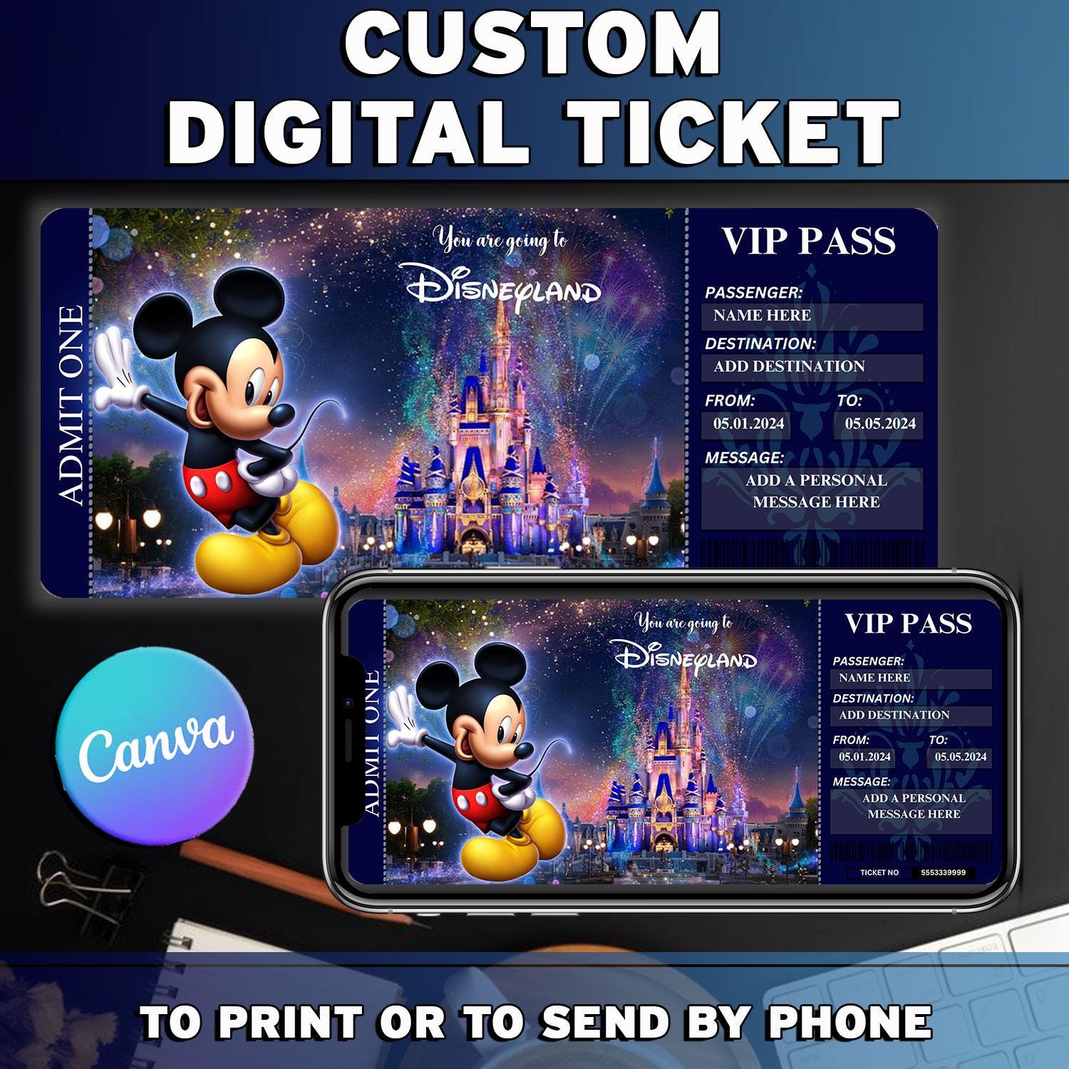 Editable Disney World Disneyland Surprise Ticket, Disney Reveal, Disney ...