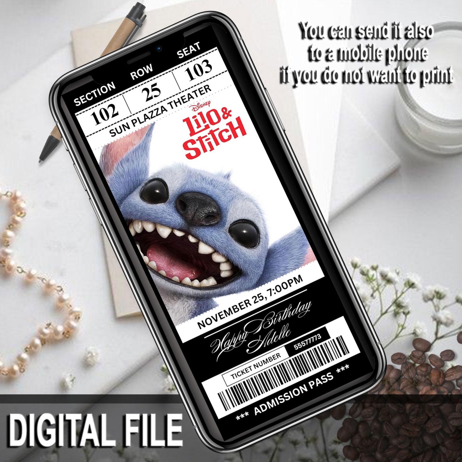 Printable Lilo & Stitch 2025 Cinema Voucher, Lilo Stitch Ticket Cinema ...