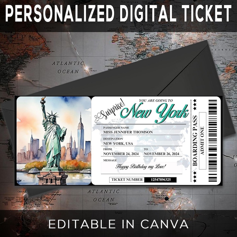 New York Surprise Trip Ticket, Editable Boarding Pass (canva Template ...
