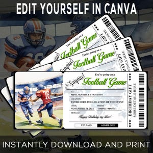 Football Game Show Ticket, Gift Sports Game Ticket Editable, Surprise ...