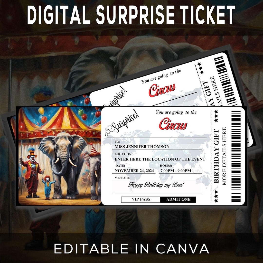Printable Surprise Circus Ticket | Editable Souvenir (CANVA Instant ...