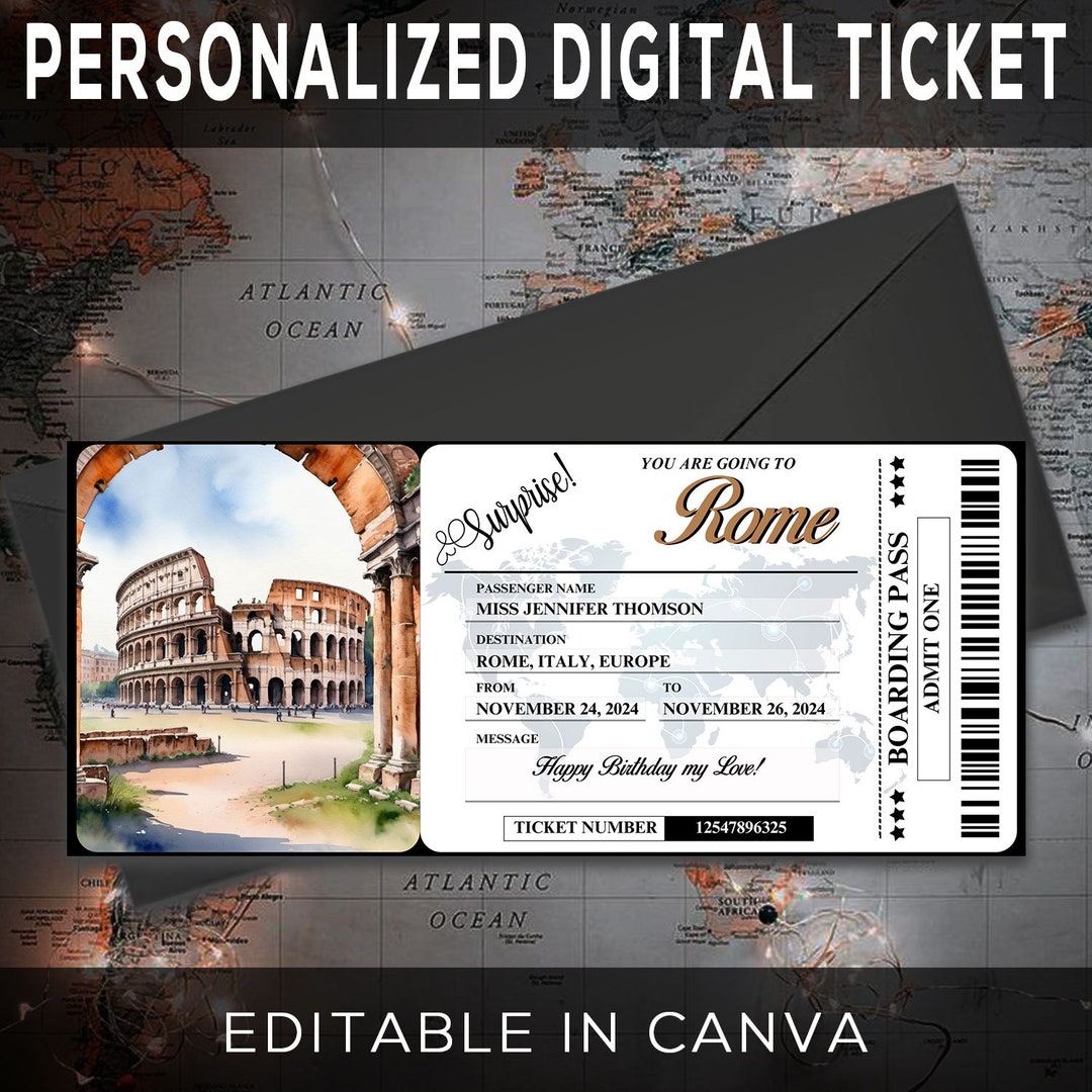 Printable Editable ROME Surprise BOARDING Pass TICKET, Trip Ticket to ...
