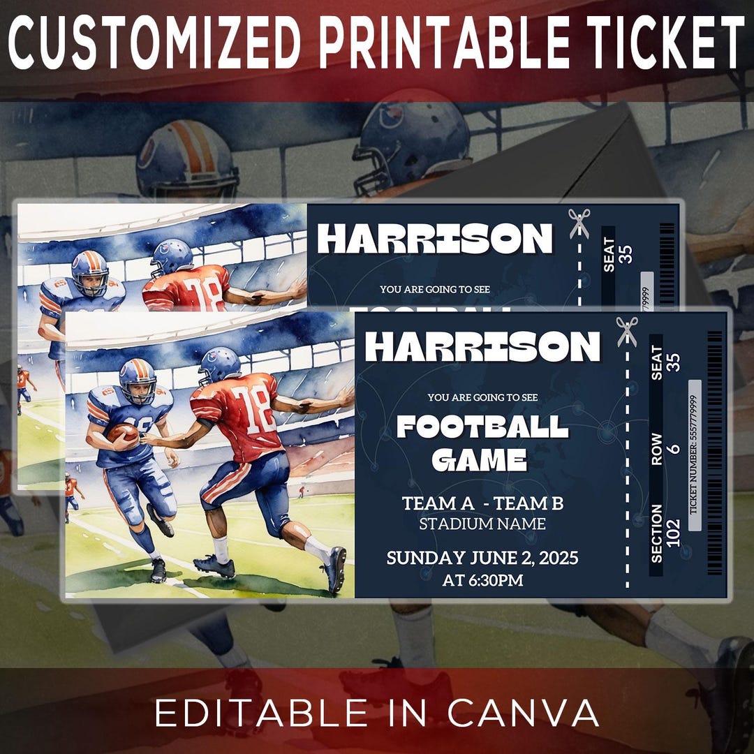 Personalized Football Ticket Custom Sports Game Ticket Printable ...