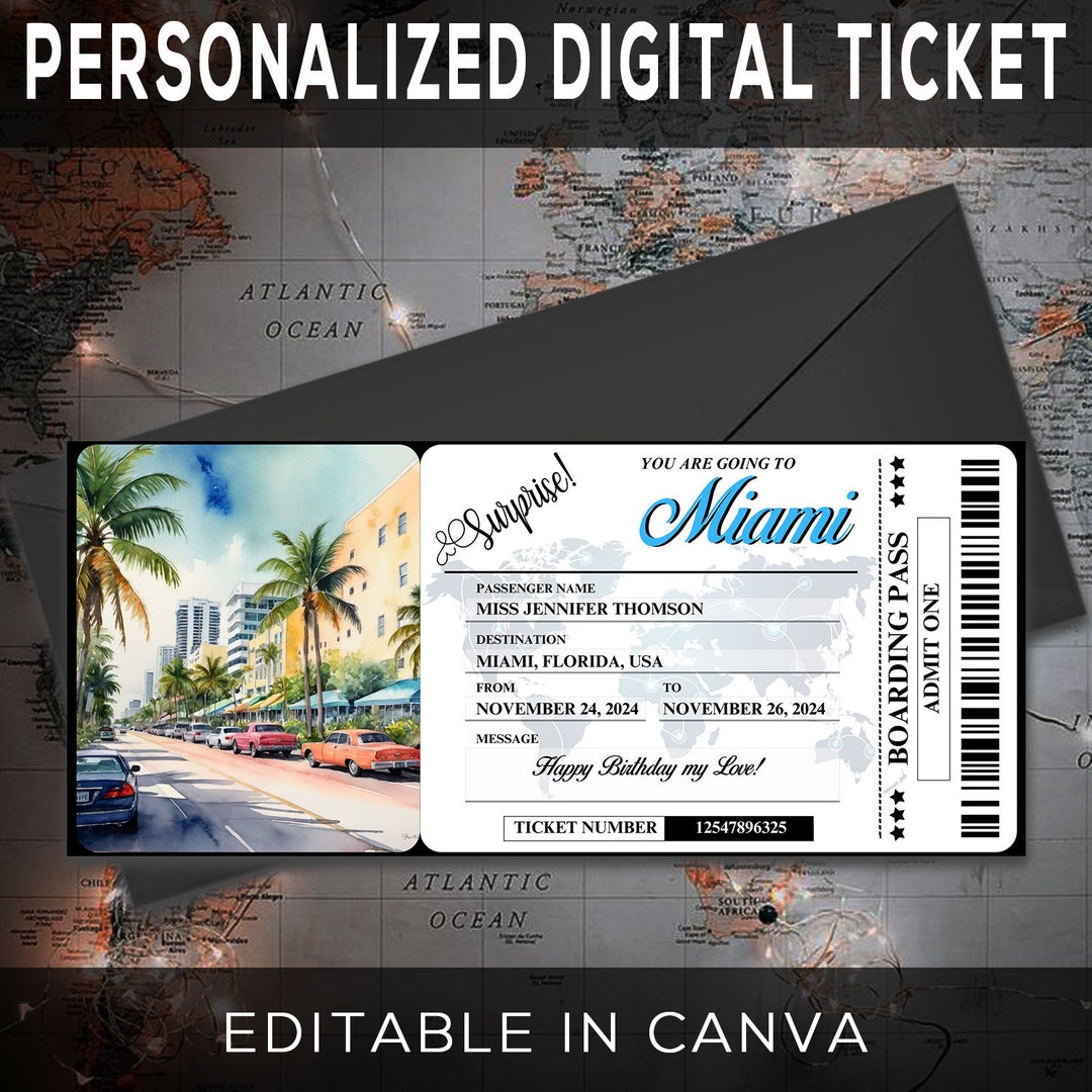 Printable, Editable MIAMI Surprise BOARDING Pass TICKET, Trip Ticket to ...