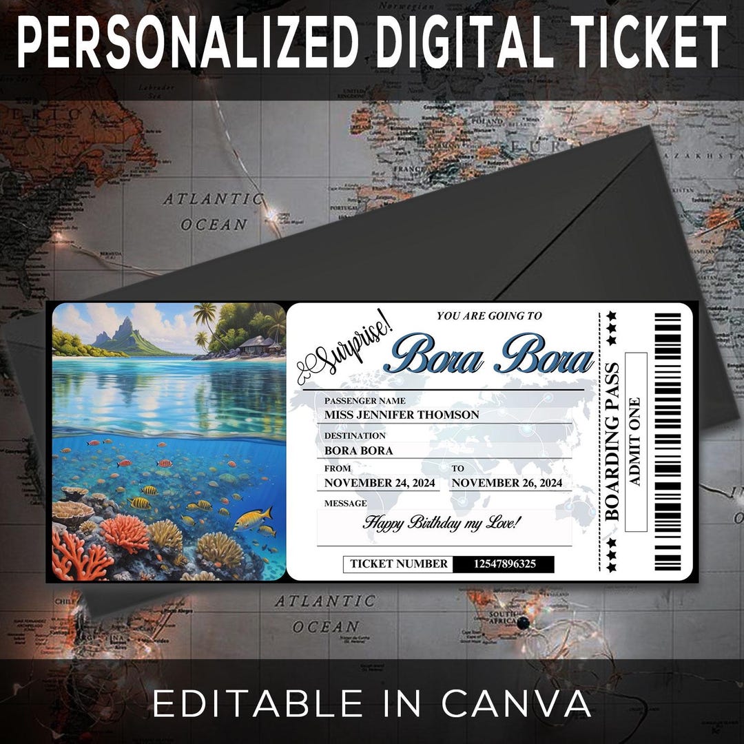 Printable Editable BORA BORA Surprise Boarding Pass TICKET, Trip Ticket ...