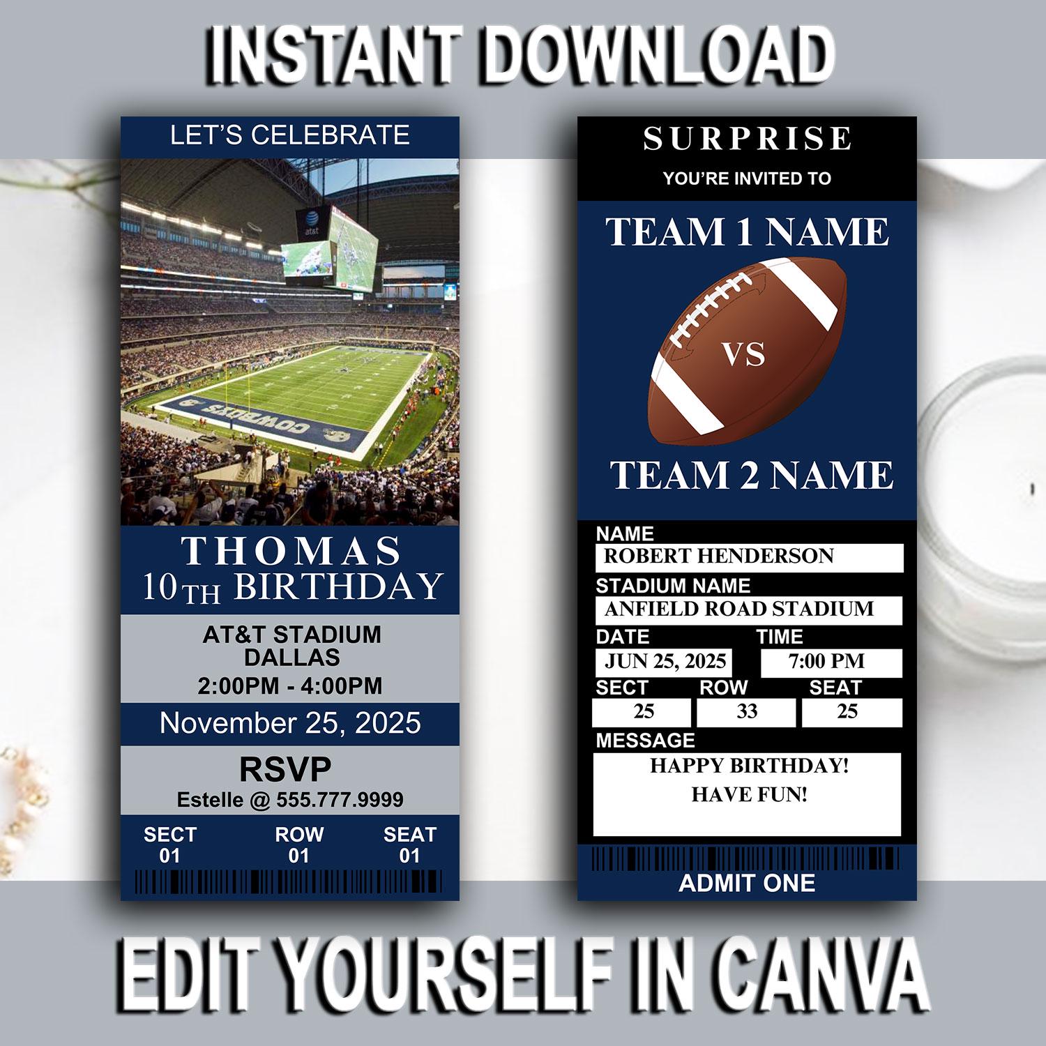 Editable Football Game Ticket Invitation, Custom Canva Ticket (digital ...