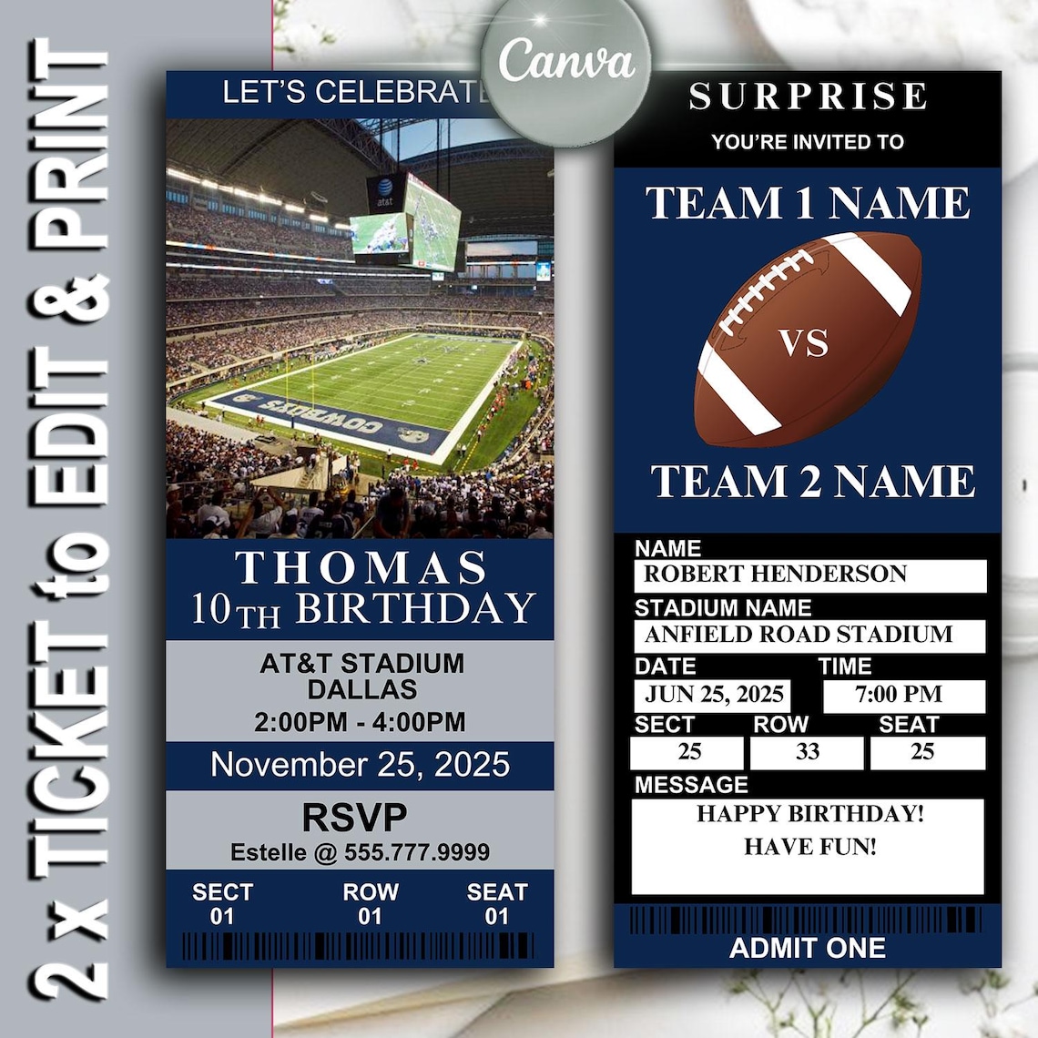 Editable Football Game Ticket Invitation, Custom Canva Ticket (digital ...