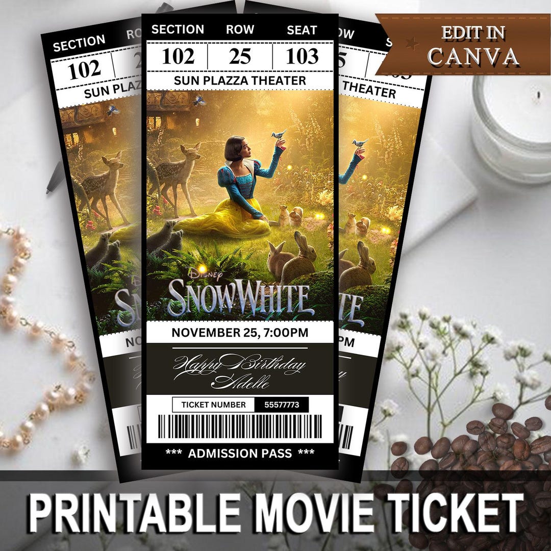 Printable Snow White 2025 Cinema Voucher, Snow White Ticket Cinema ...