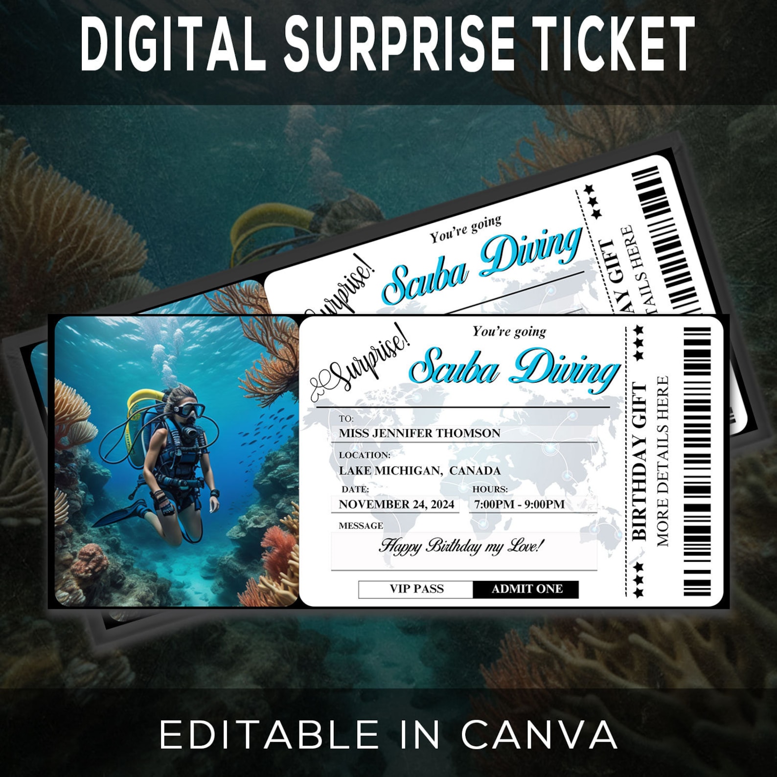Scuba Diving Gift Ticket Template, Surprise Reveal (digital Download ...