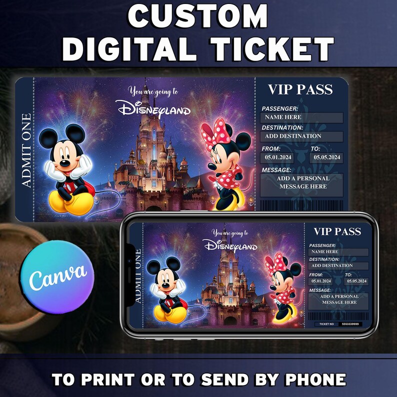 Editable Disney World Disneyland Surprise Ticket, Disney Reveal, Disney ...