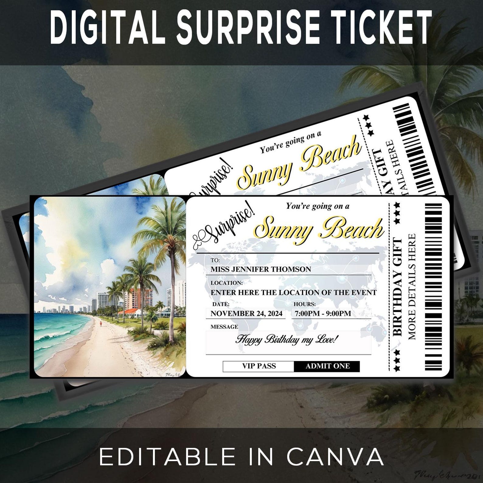 Surprise Beach Trip Ticket | Watercolor Vacation Reveal (digital ...