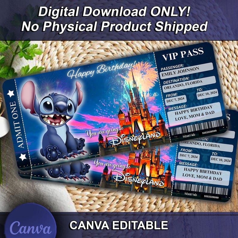 Editable Stitch Disneyworld Disneyland Surprise Ticket, Stitch Ticket ...