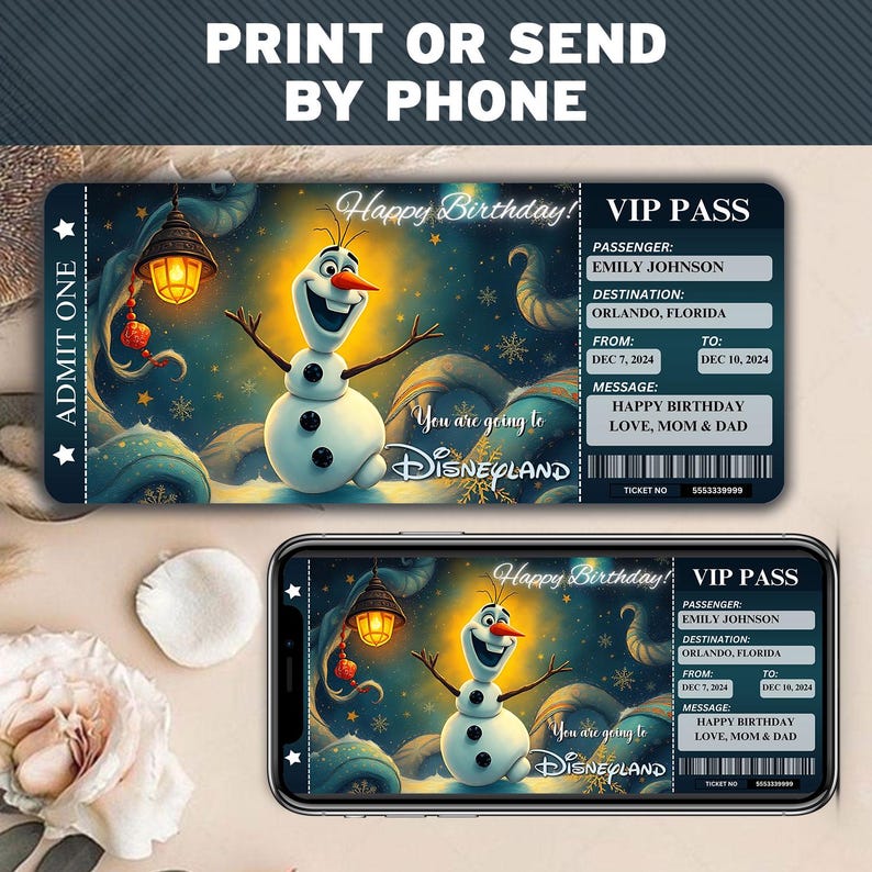 Editable Olaf Frozen Disneyland Ticket Reveal (digital Download) - Etsy