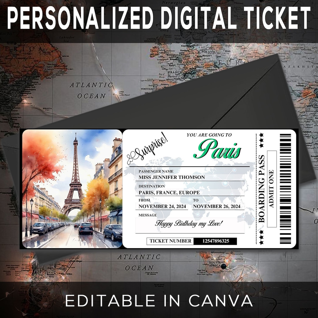 Printable Paris Trip Boarding Pass Ticket, Editable Travel Gift ...