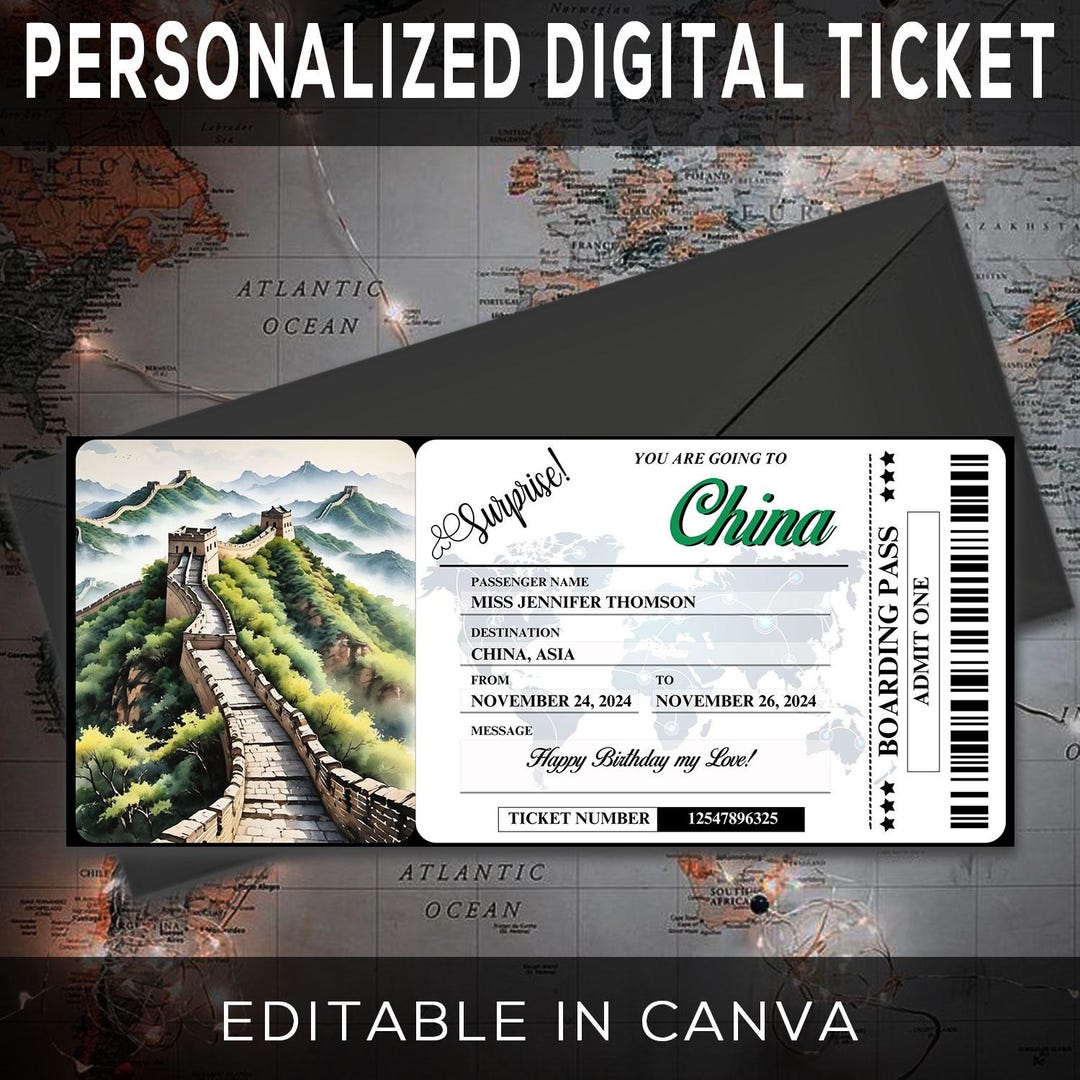 Editable CHINA Surprise BOARDING Pass Ticket, Trip Ticket to CHINA ...
