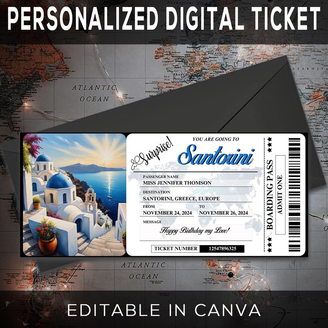 Printable SANTORINI GREECE Surprise Gift Ticket | Greece Printable ...