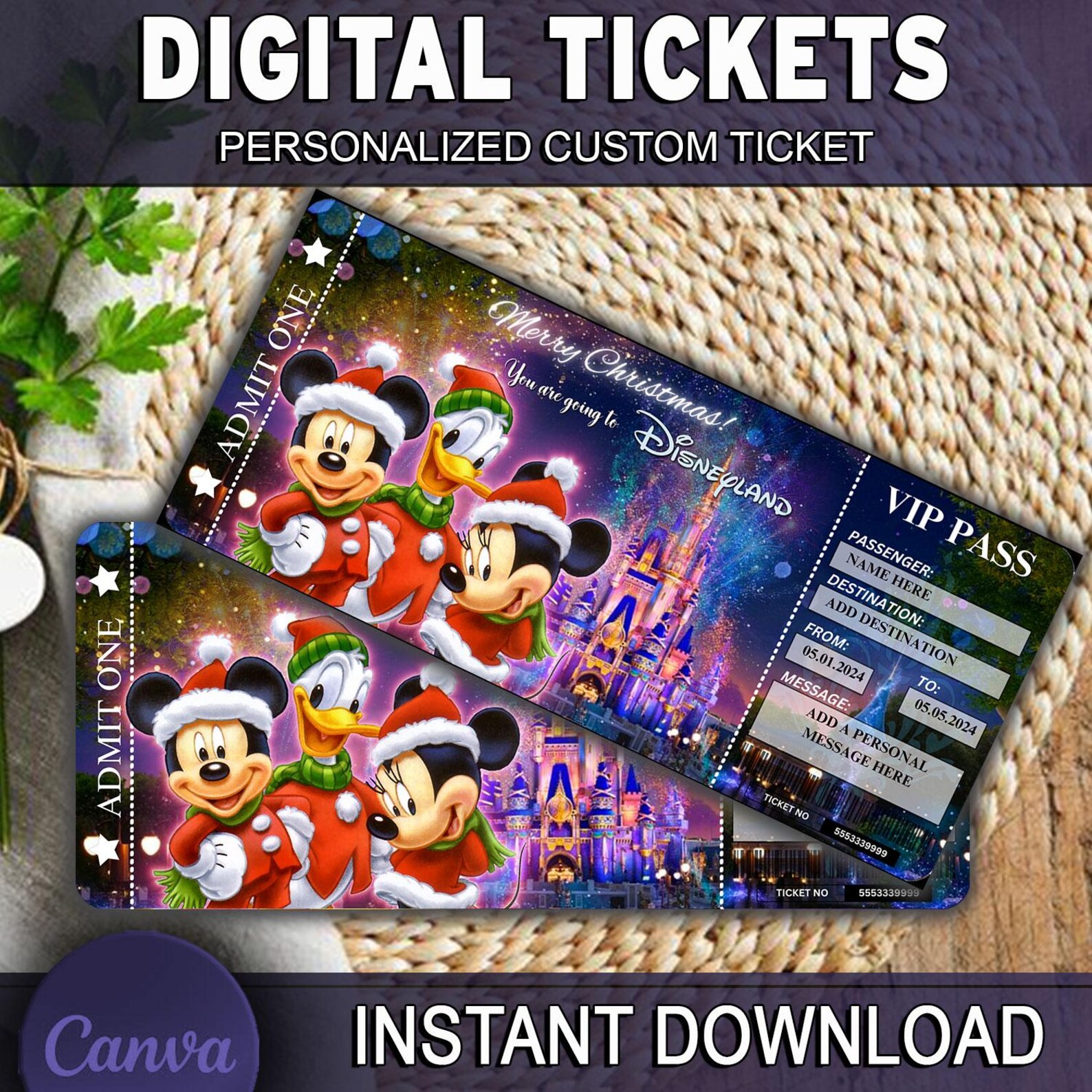 Editable Christmas Disney World Disneyland Surprise Ticket, Disney ...